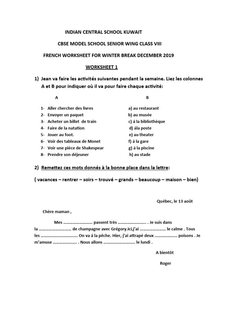 French Worksheet Class 8 Dec.2019 | PDF