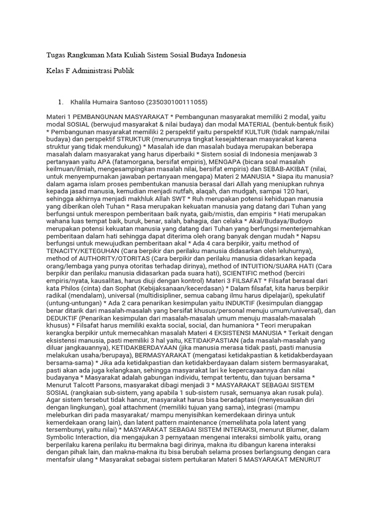 Rangkuman Mata Kuliah Sistem Sosial Budaya Indonesia - KELAS F Administrasi Publik | PDF