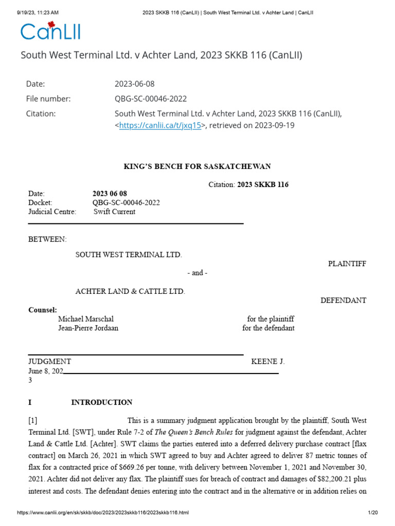 2023 SKKB 116 (CanLII) - South West Terminal Ltd. V Achter Land - CanLII | PDF | Affidavit ...