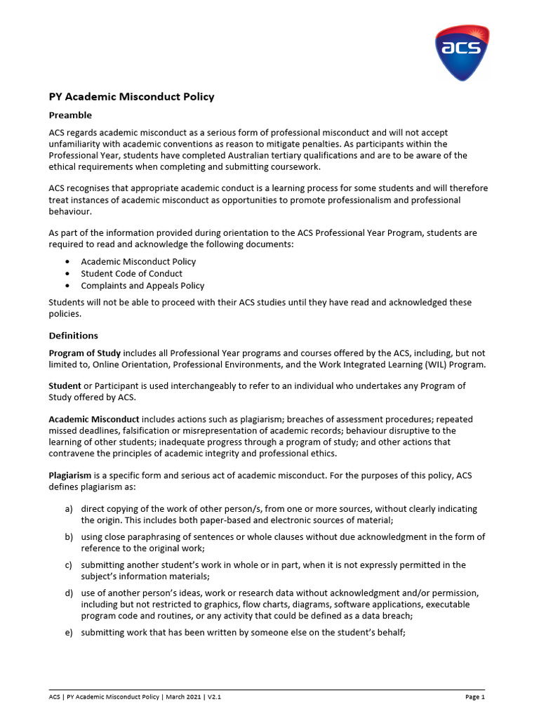 ACS PY Academic Misconduct Policy | PDF | Plagiarism | Academic Dishonesty