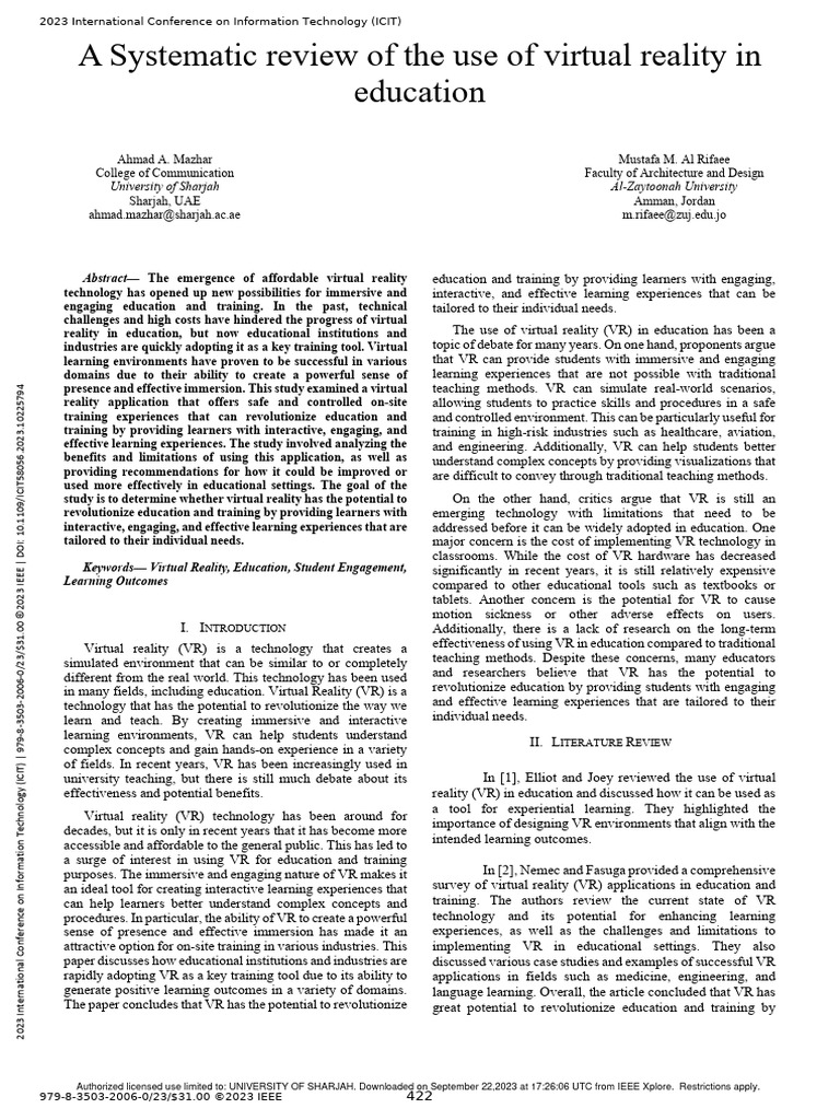 A Systematic Review of The Use of Virtual Reality in Education | PDF | Virtual Reality ...