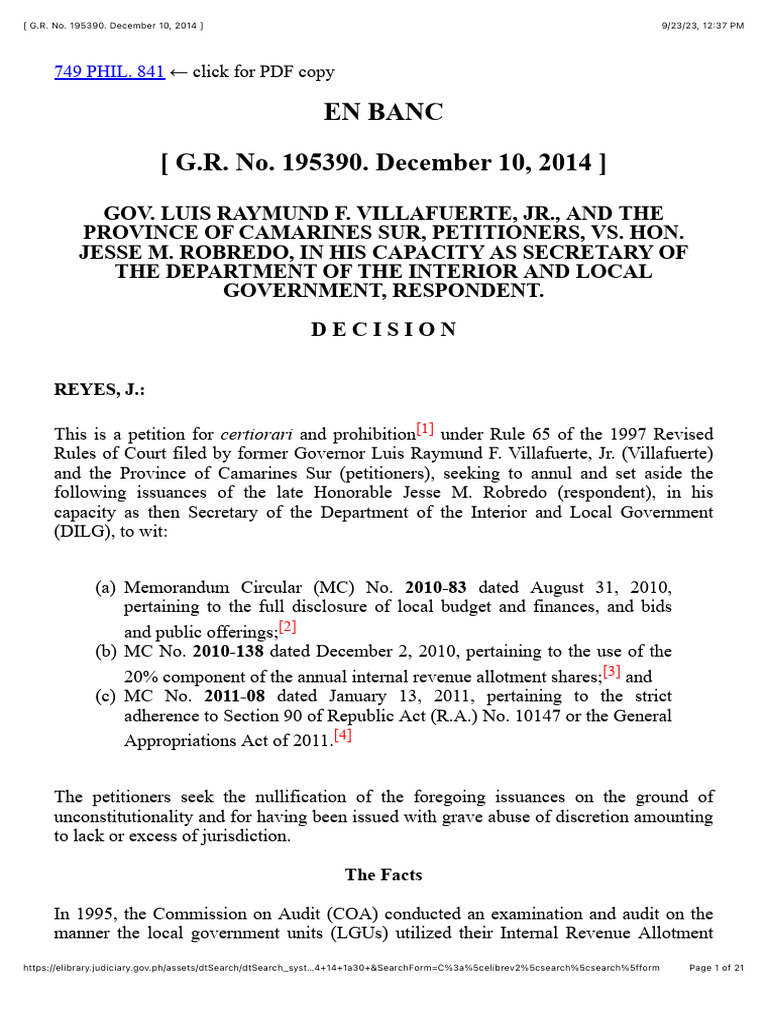 Villafuerte v. Robredo Gr. No. 195390 | PDF | Expense | Debt