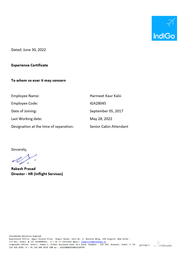 Indigo Experience Certificate for Harmeet Kaur | PDF