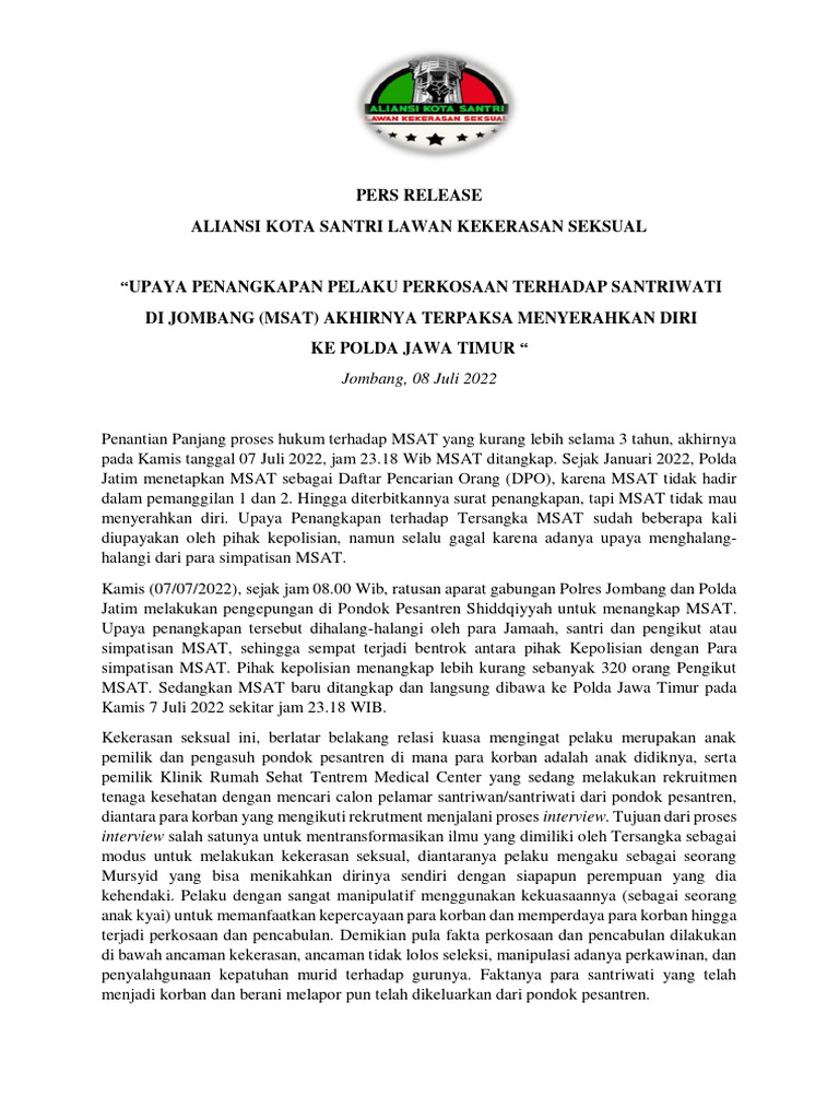 Rilis Kasus Perkosaan Santri - 8 Juli 2022 | PDF