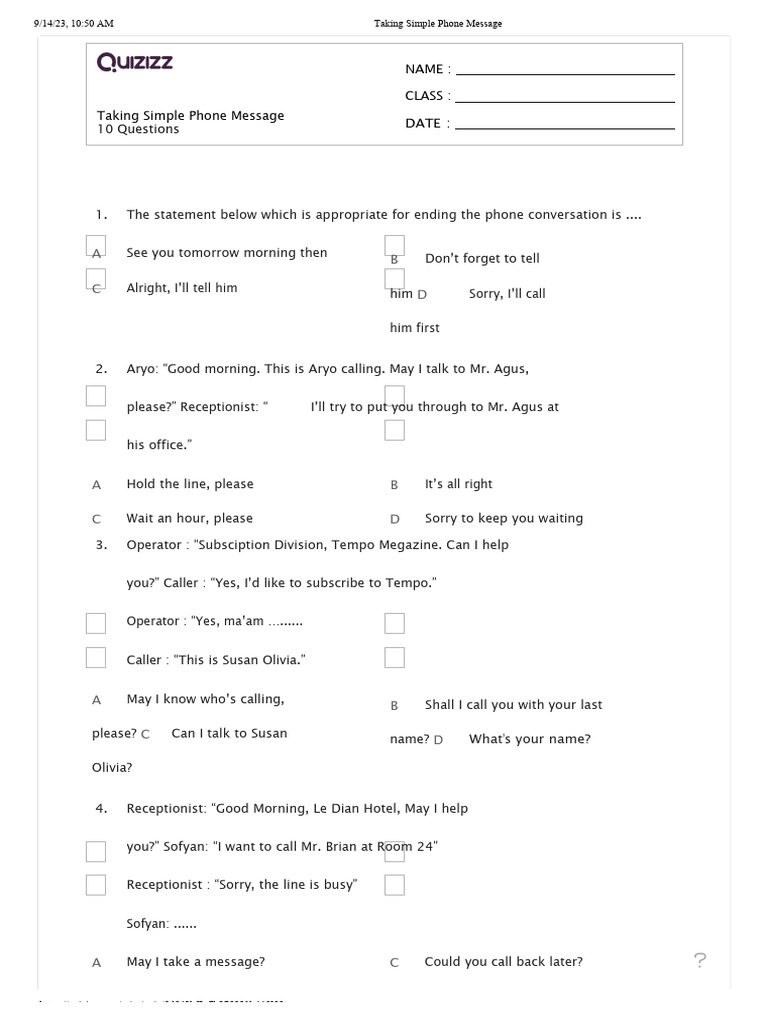 Phone Message Taking Quiz | PDF