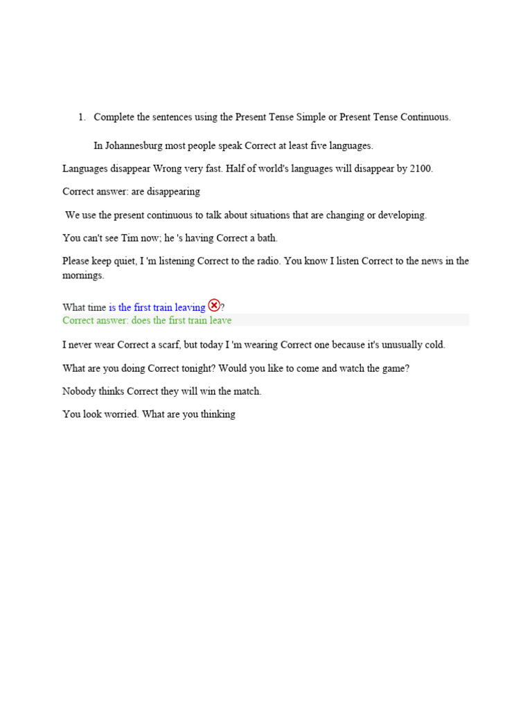 Complete The Sentences Using The Present Tense Simple or Present Tense Continuous | PDF ...