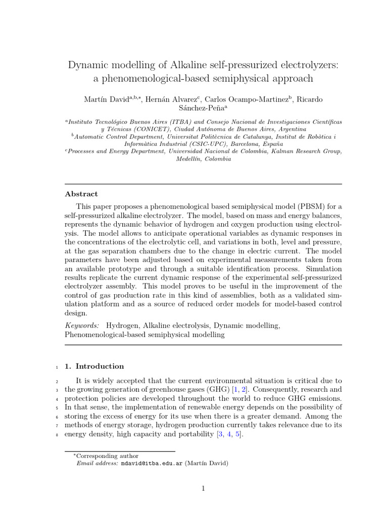2354 Dynamic Modelling of Alkaline Self Pressurized Electrolyzers | PDF 2354 Dynamic Modelling of Alkaline Self Pressurized Electrolyzers | PDF