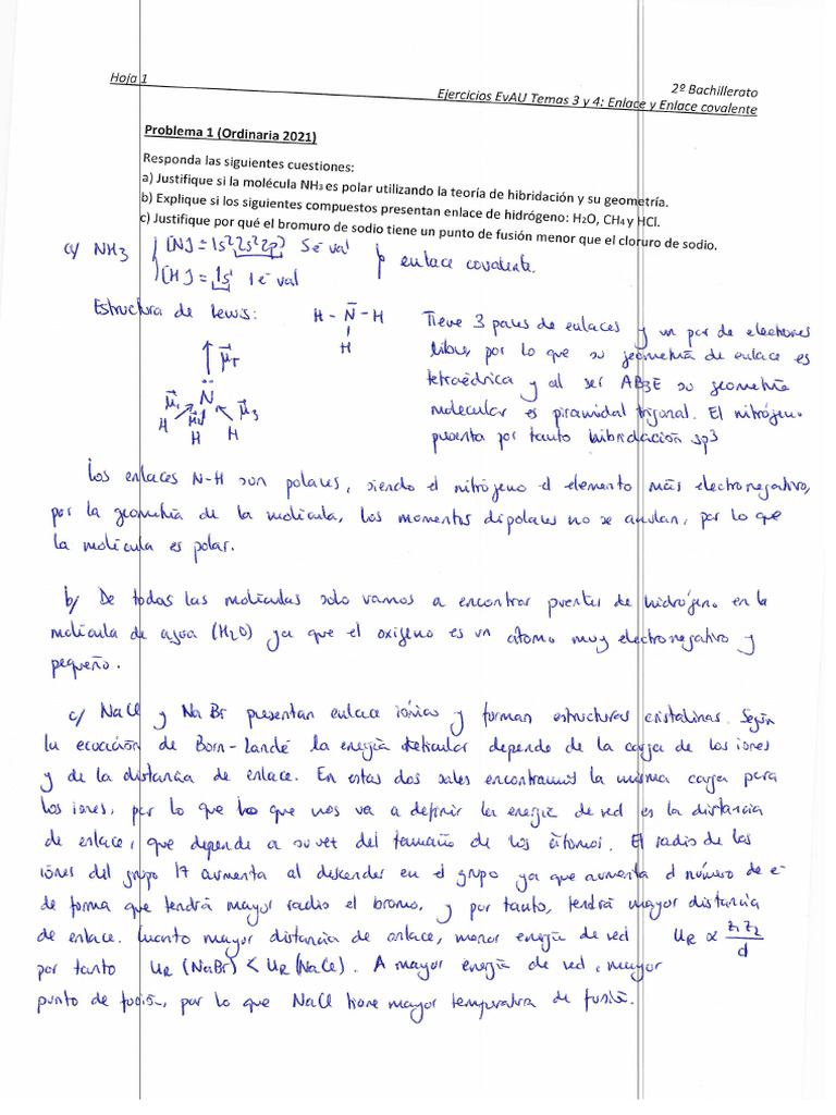 Solución Ejercicios Tema 3 y Tema 4 Enlace Quimico y Covalente | PDF
