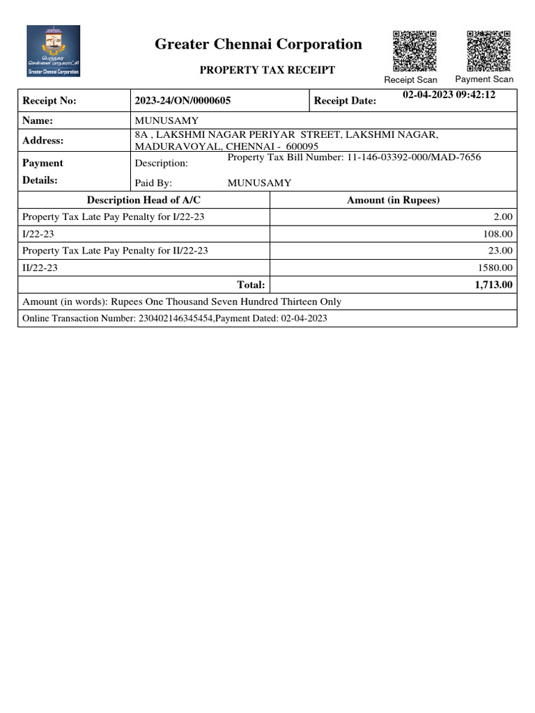 Greater Chennai Corporation: Property Tax Receipt | PDF