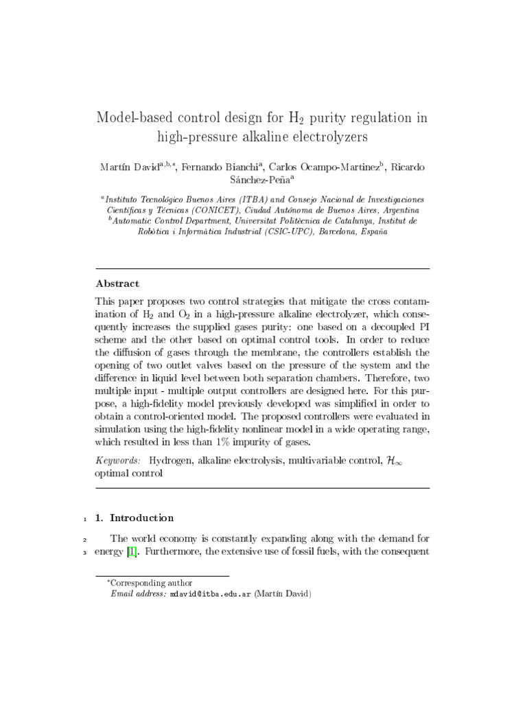 Model Based Control Design For H2 in High Pressure Alkaline Electrolyzers | PDF | Applied And ...