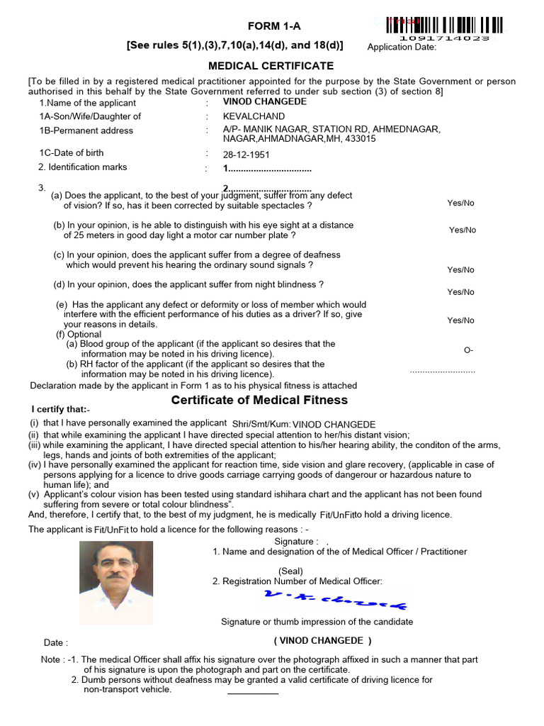 Driving Licence Medical Certificate Form | PDF