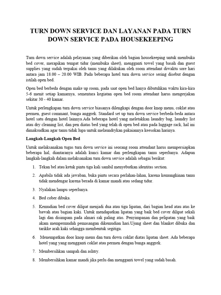 Turn Down Service Pada Housekeeping | PDF
