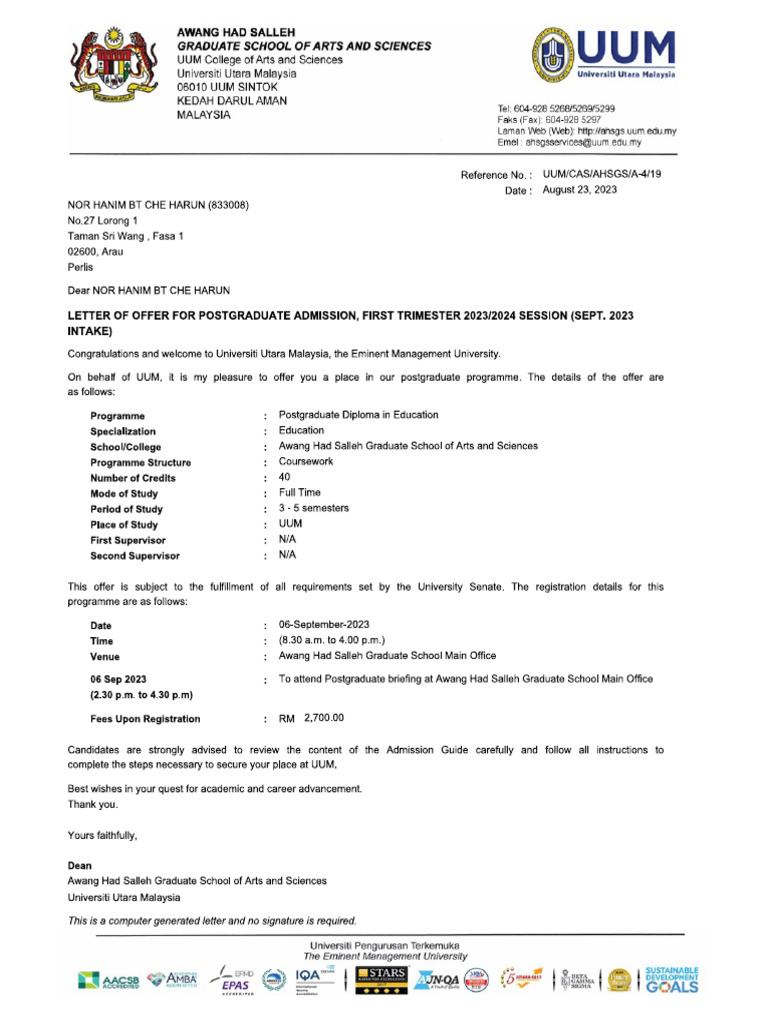 Offer Latter Uum | PDF