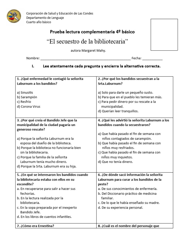 Prueba 4° Básico El Secuestro de La Bibliotecaria | PDF Prueba 4° Básico El Secuestro de La Bibliotecaria | PDF