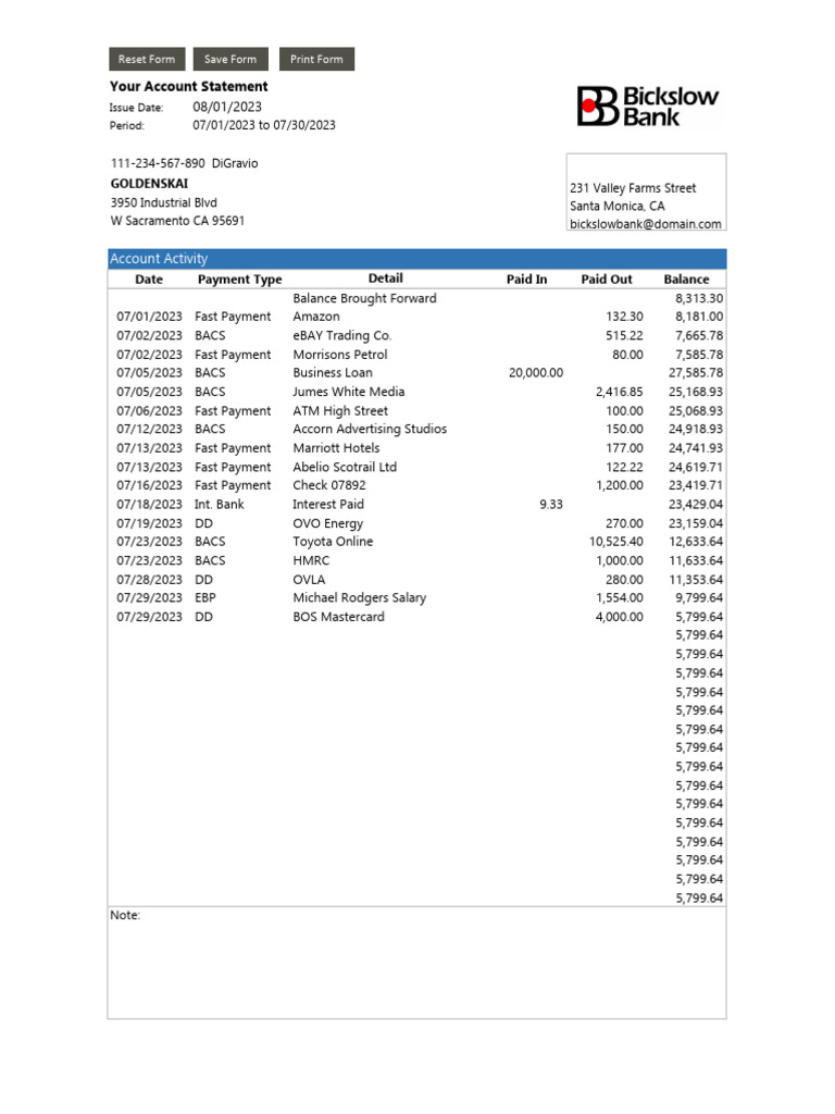 Bank Statement Template | PDF | Banking Technology | Personal Finance