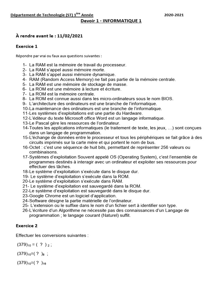 Devoir 1 - Informatique 1 | PDF | Système d'exploitation | Informatique