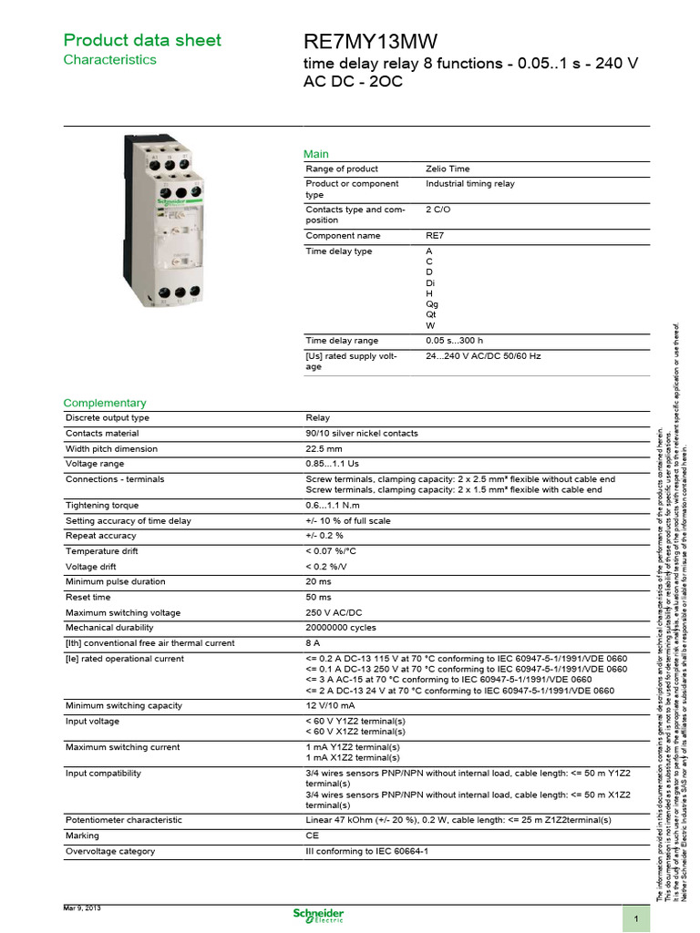 RE7MY13MW Schneider Electric Datasheet 14413747 | PDF | Relay | Alternating Current