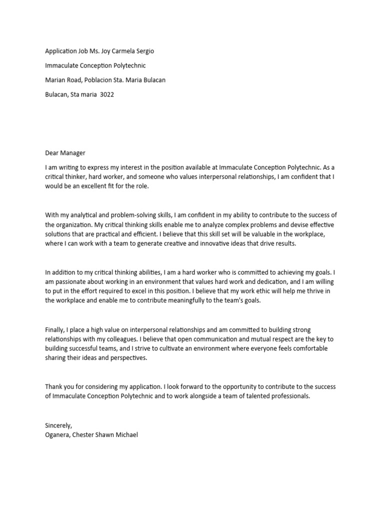 Job Application for Immaculate Conception | PDF | Business
