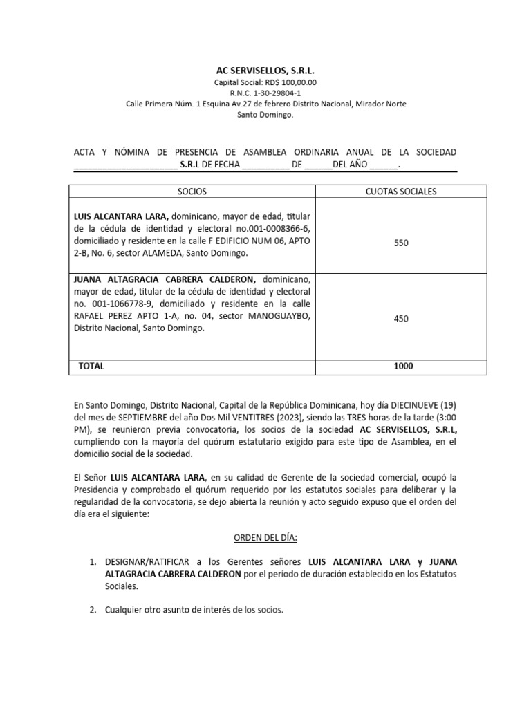 Acta y Nomina de Presencia de Asamblea Ordinaria para S.R.L. | PDF | República Dominicana | Gobierno