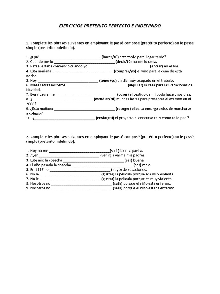 Ejer Pretérito Perfecto e Indefinido | PDF