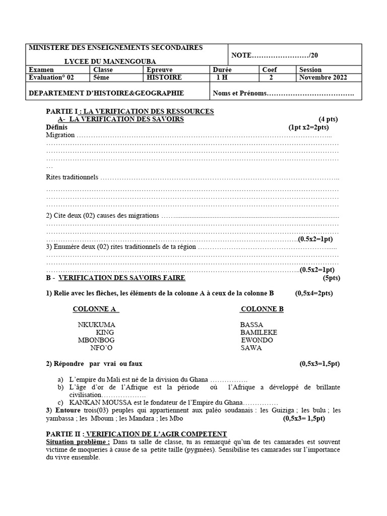 EVAL 2, HIST 5eme Final | PDF