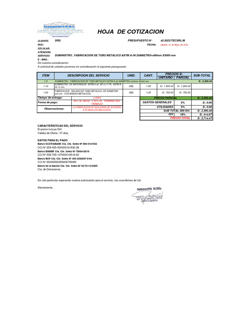 Cotizacion N°42 210522 Tubo Metalico Con Bridas | PDF