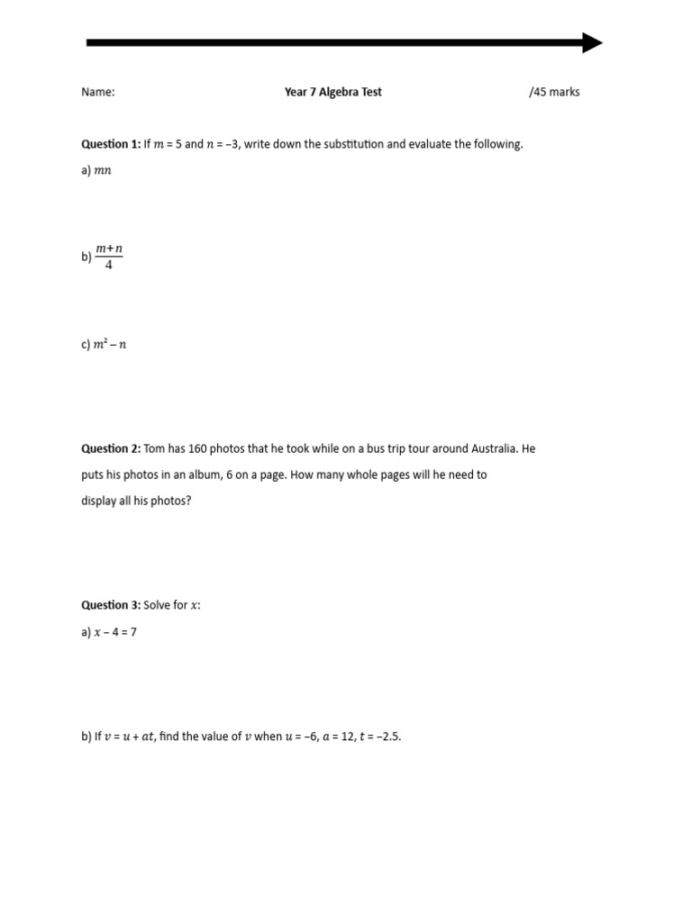 Year 7 Algebra Formative Test | PDF | Equations | Elementary Mathematics