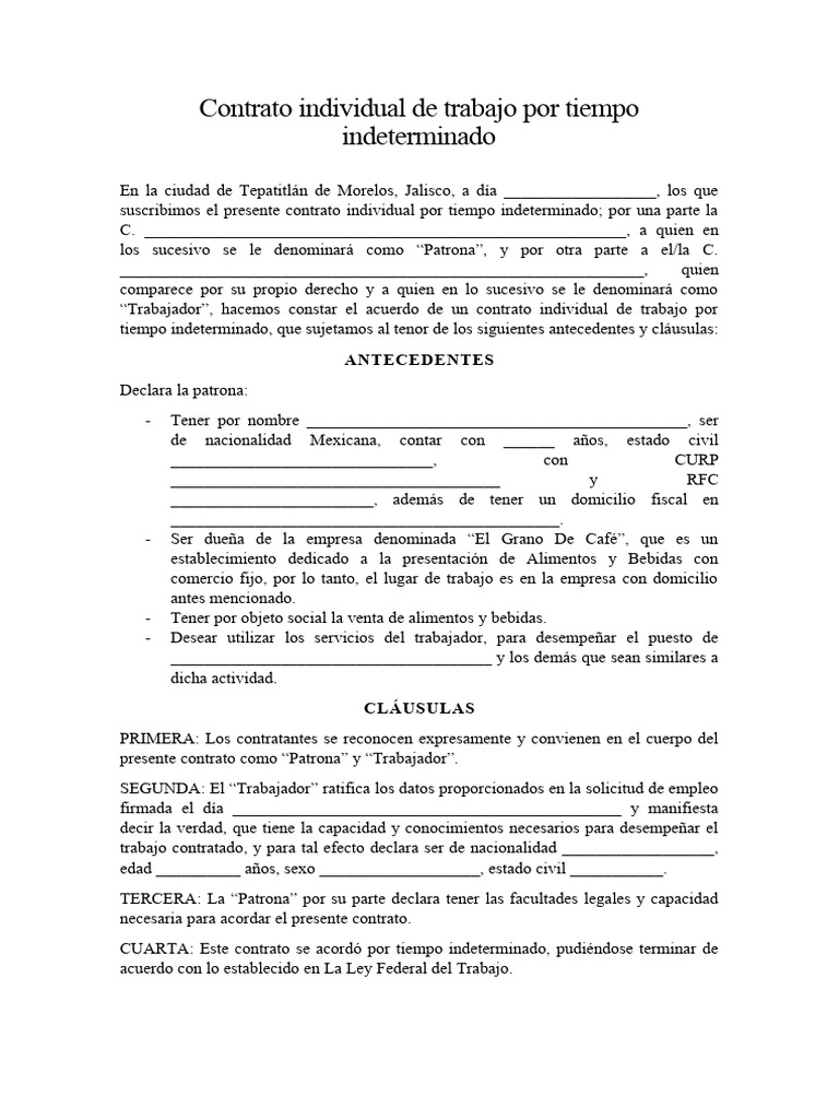 Contrato Individual de Trabajo Por Tiempo Indeterminado | PDF | Salario | Clase obrera