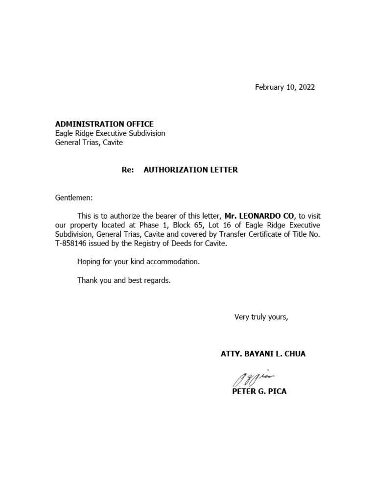 Authorization Letter. Leonardo Co (Signed) | PDF