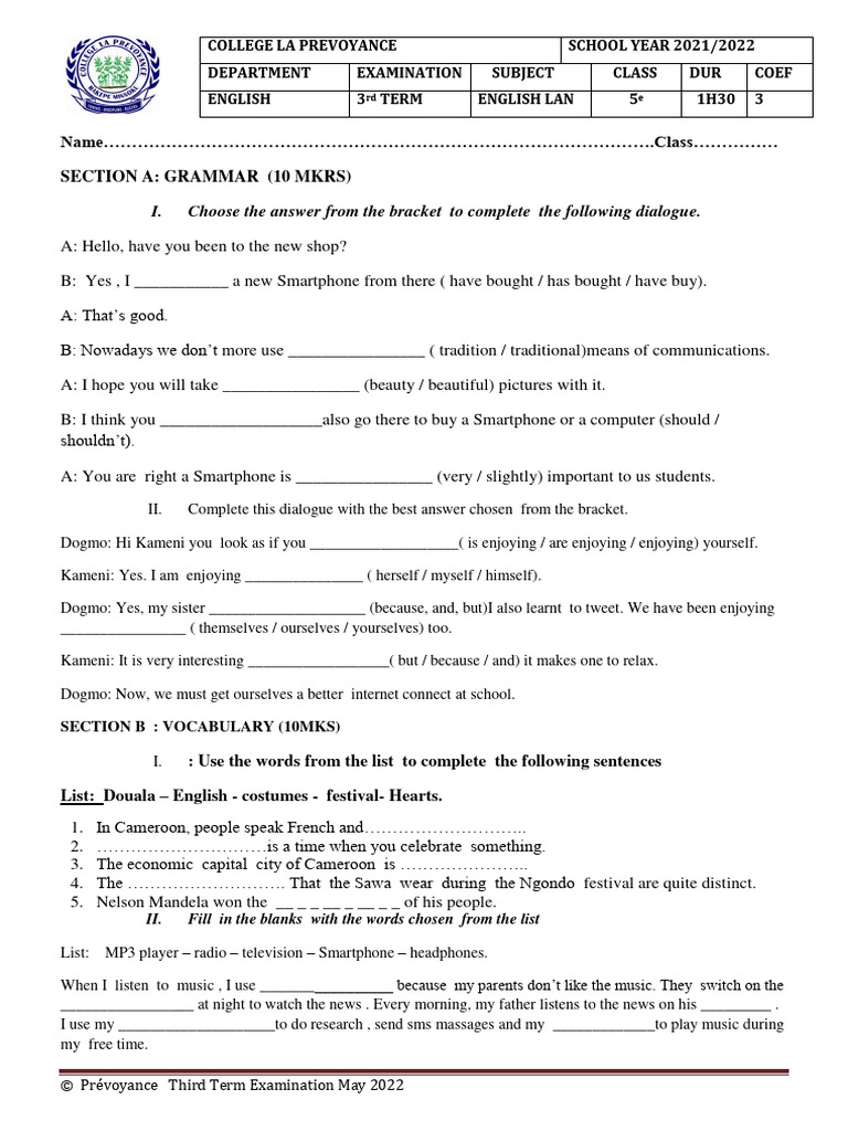 Anglais 5e Compo Trim 3 Mai 2022 | PDF | Human Communication