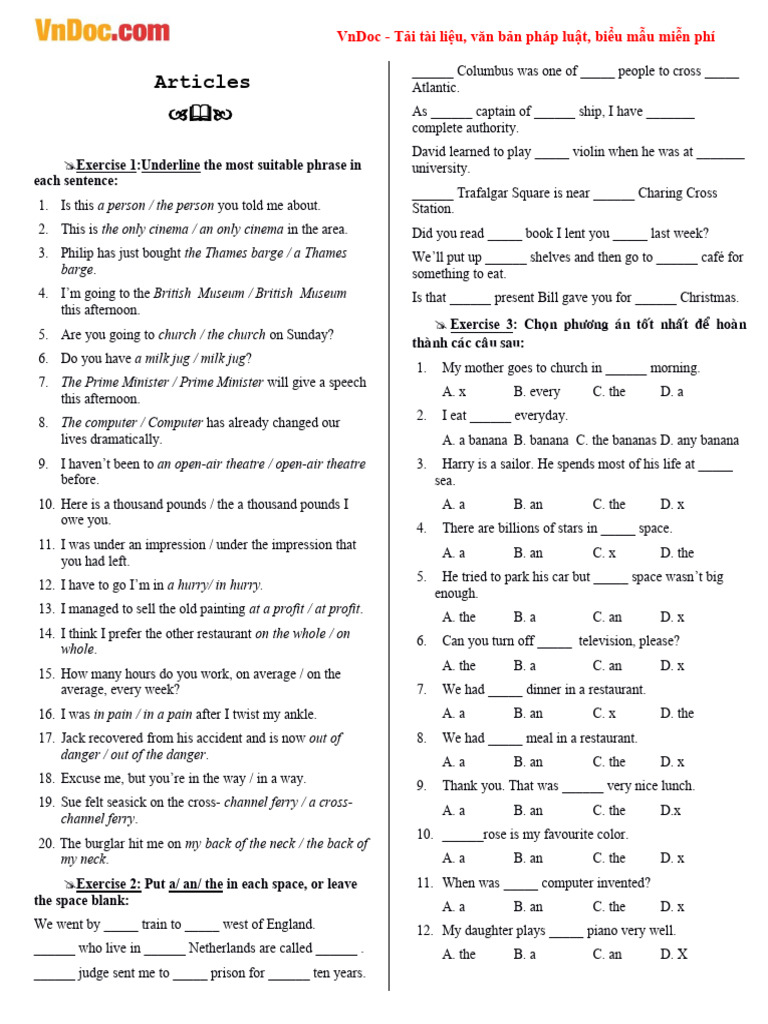 Bai Tap Ve Gioi Tu Va Mao Tu Tieng Anh Prepositions and Articles 2 | PDF