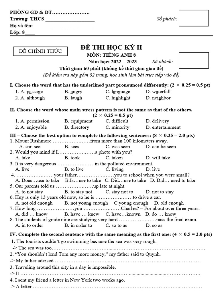 De Thi Cuoi hk2 Tieng Anh 8 de 4 | PDF