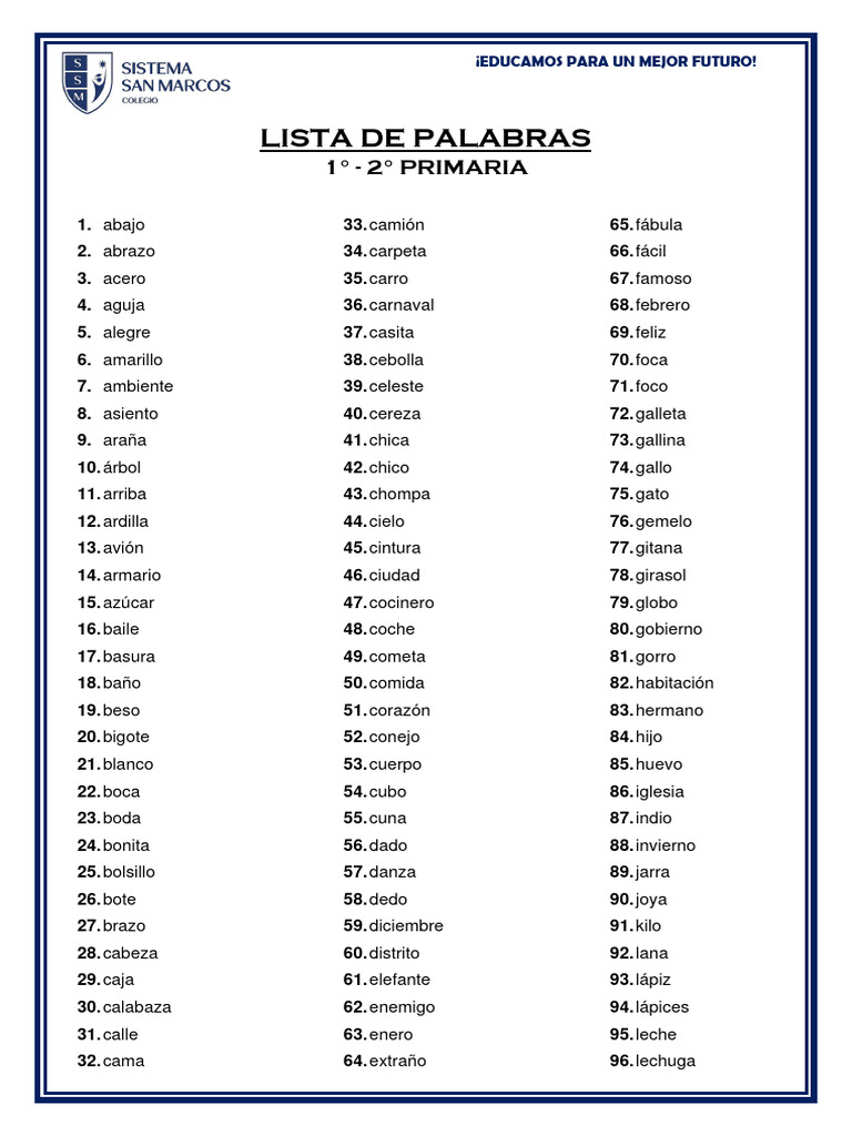 Lista de Palabras 1°-6° Prim. (Dictado) | PDF