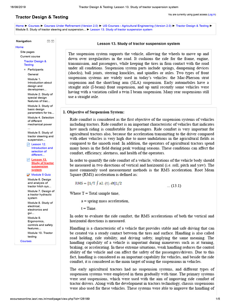 Tractor Design & Testing - Lesson 13. Study of Tractor Suspension ...