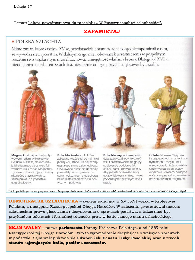 Lekcja 17 Lekcja Powtorzeniowa Do Rozdzialu W Rzeczypospolitej Szlacheckiej. Klasa 6 | PDF