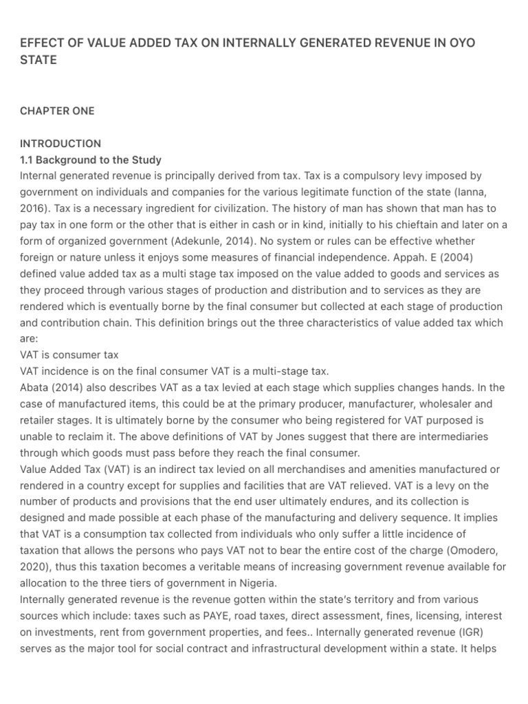 Effect of Value Added Tax On Internally Generated Revenue in Oyo State ...