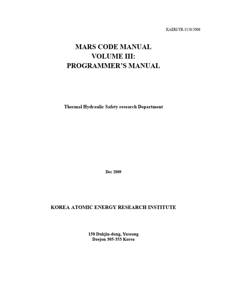 Mars Code Manual Programmer'S Manual: Thermal Hydraulic Safety Research ...