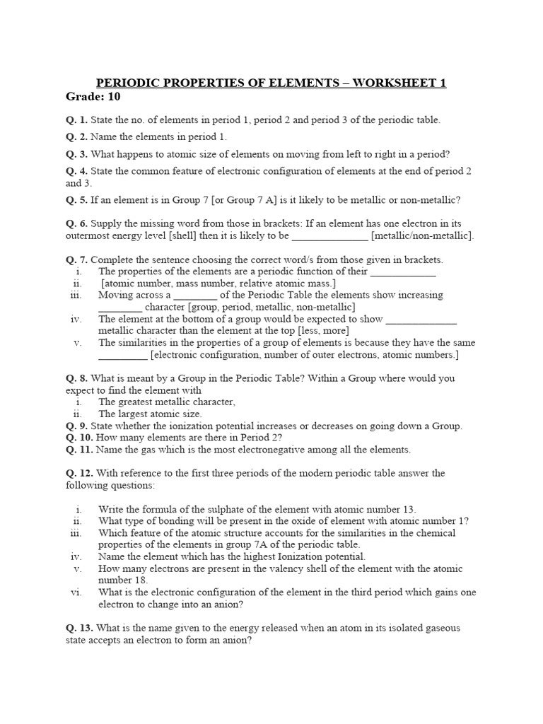 Periodic Table Properties Worksheet | PDF | Periodic Table | Ion