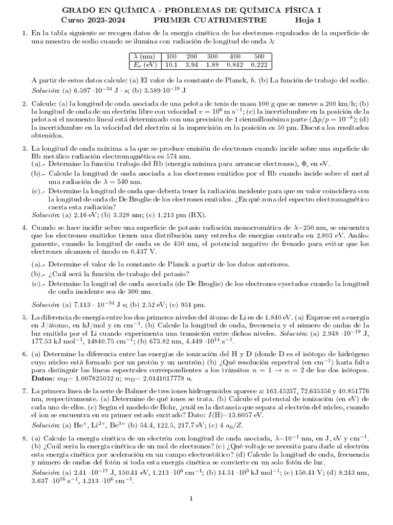 Problemas QF1 Grado 2023-2024 | PDF