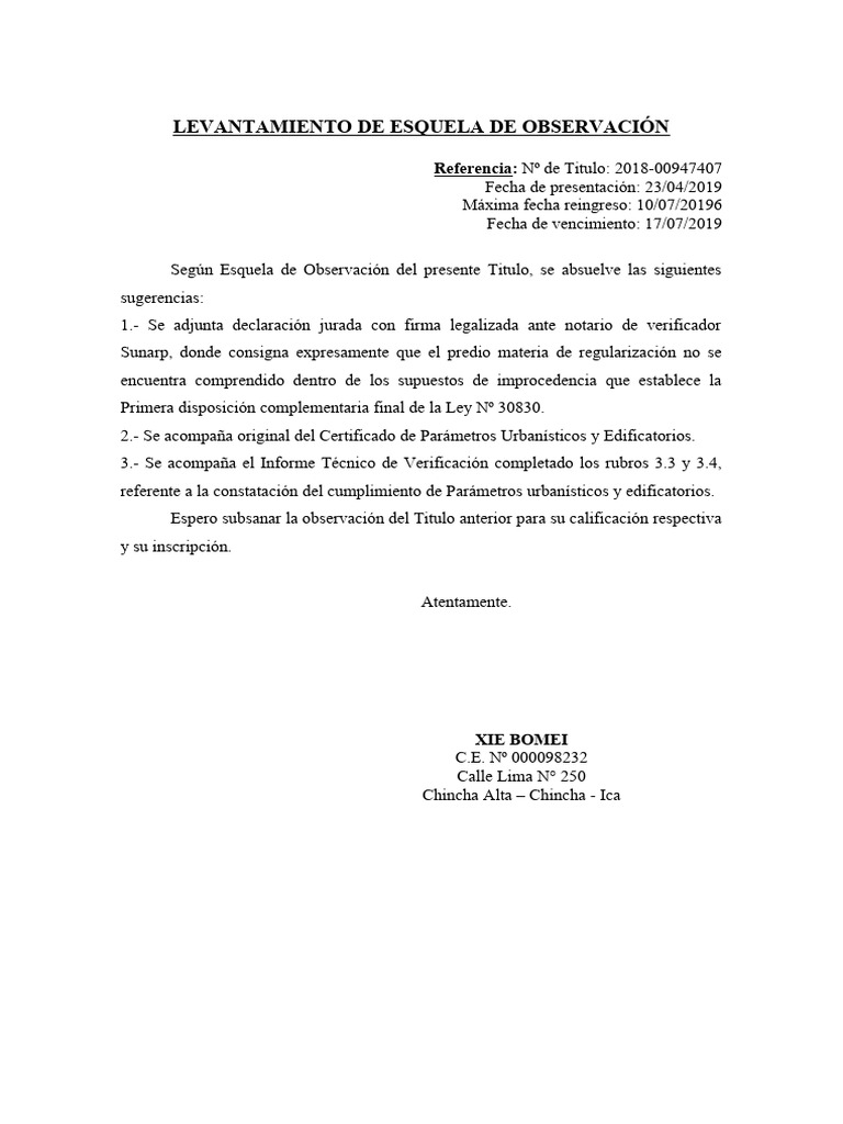 Levantamiento de Esquela de Observacion Modelo | PDF