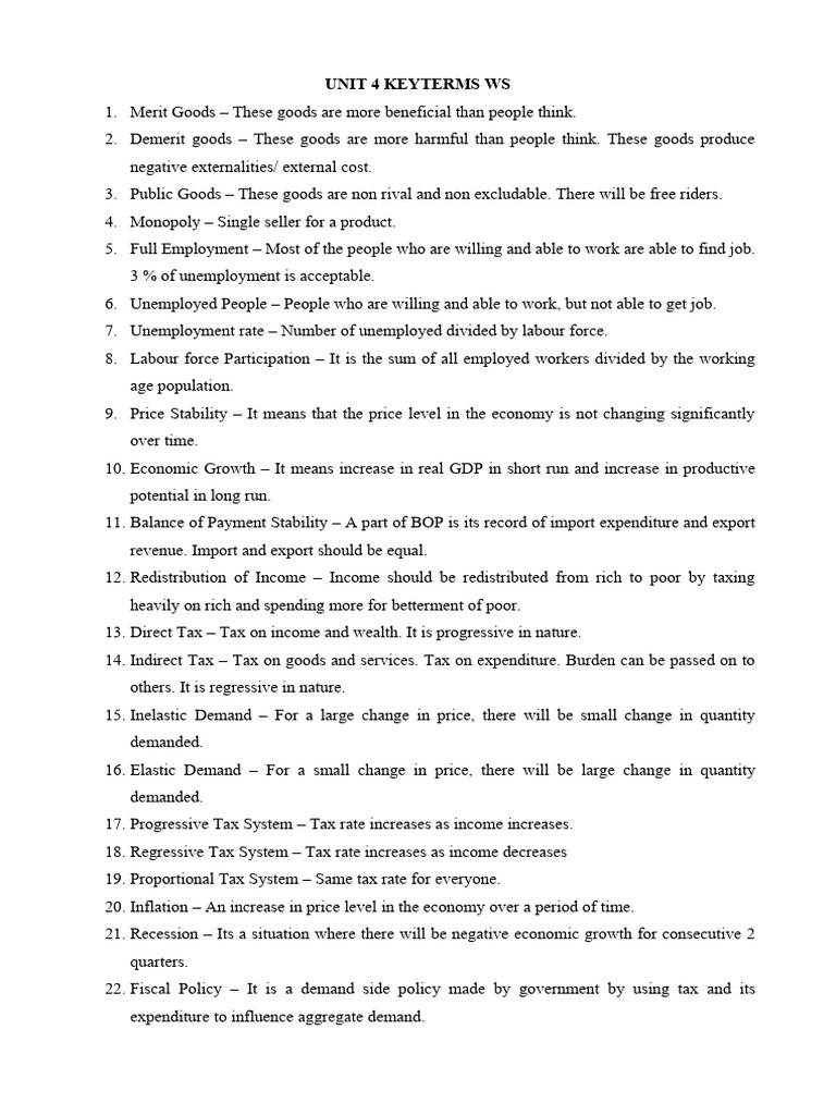 IGCSE Economics Unit 4 Keyterms | PDF | Taxes | Monetary Policy
