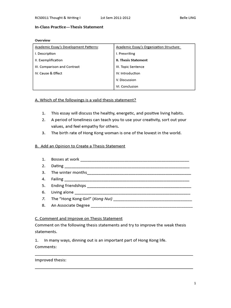 Thesis Statement - In-Class Practice | PDF