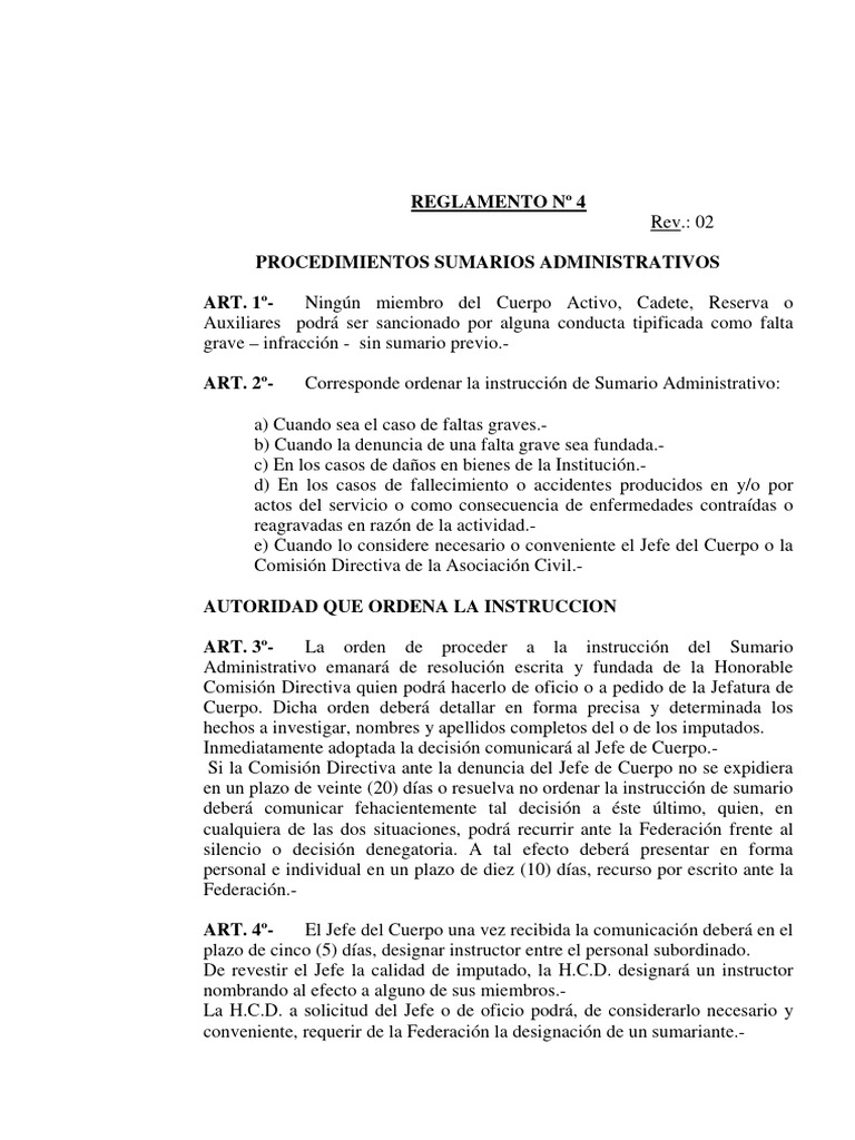 REGLAMENTO N 4 Sumarios Administrativos | PDF | Procedimiento legal ...