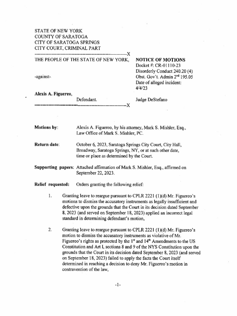 Figuereo, A - SARATOGA 4-2023 Case - NOM To Reargue and MSM Affirmation ...