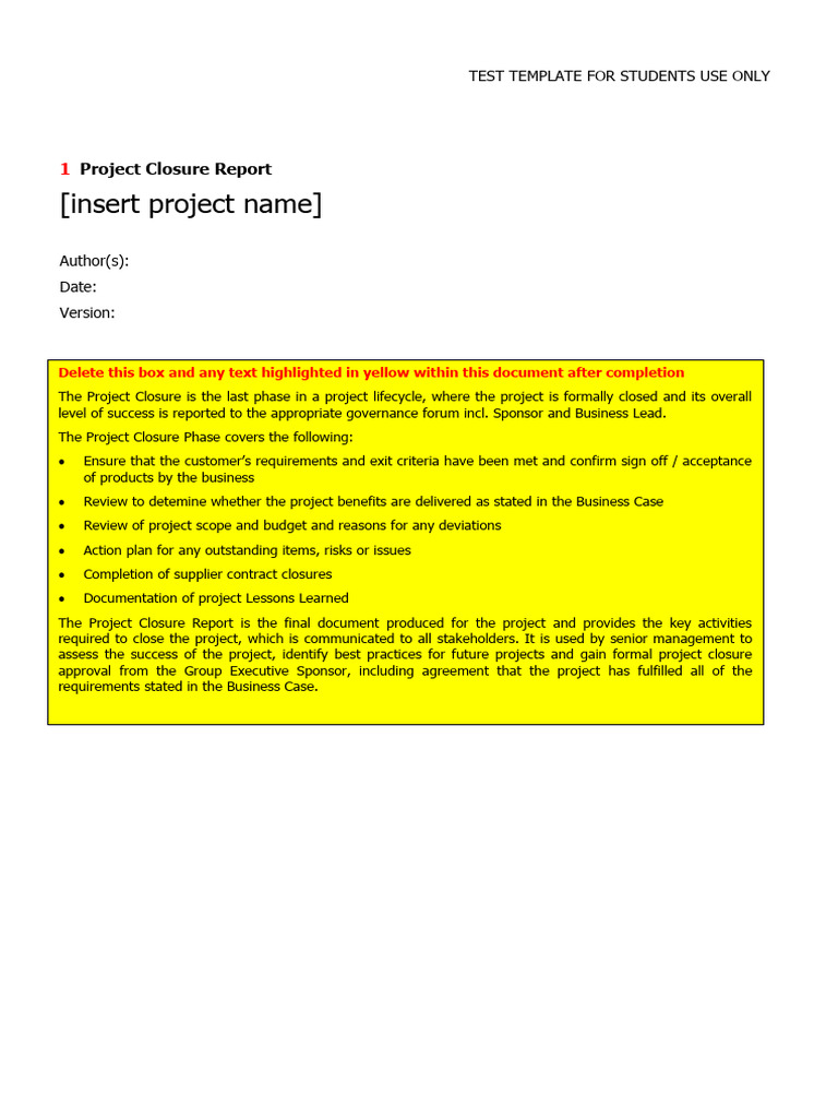 Project Closure Report Template - DRAFT V0.1 | PDF | Business