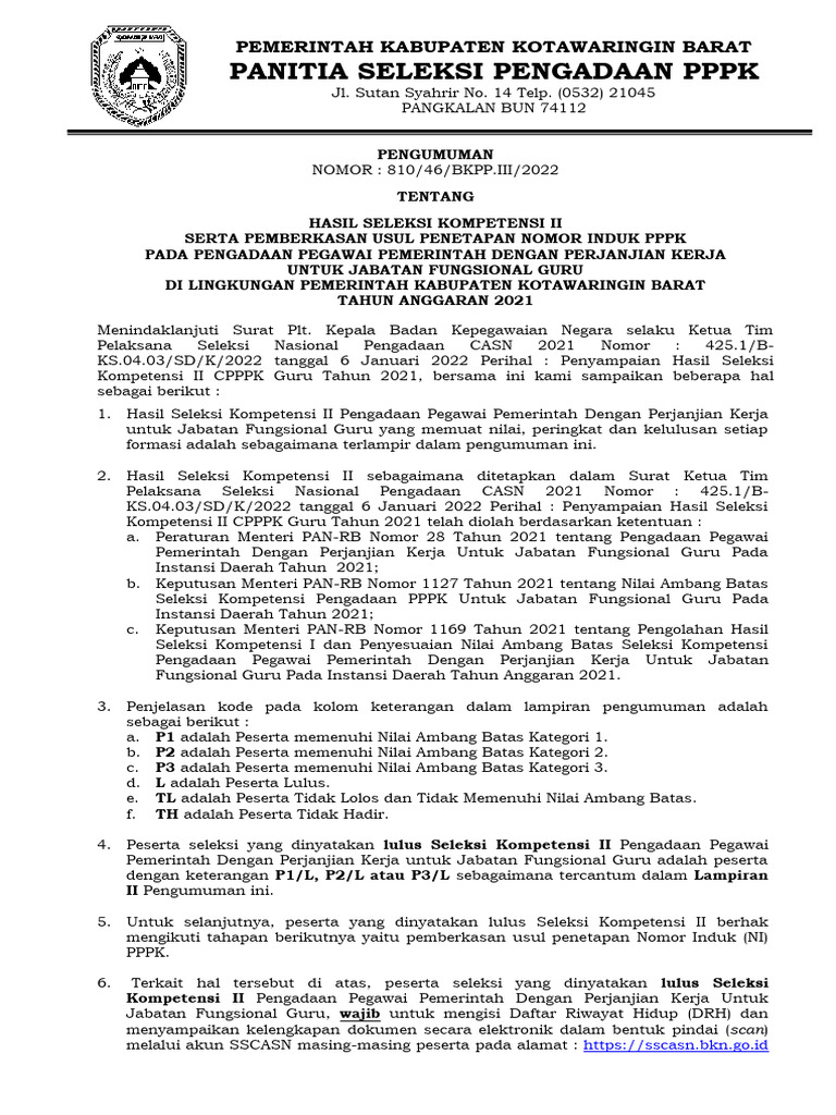 Pengumuman Pemberkasan Usul NI PPPK Hasil Selkom PPPK GURU Tahap 2 | PDF | Bisnis | Pengelolaan ...