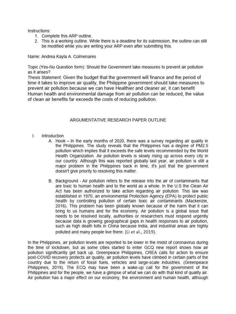 Argumentative Research Paper Outline | PDF | Air Pollution | Clean Air ...