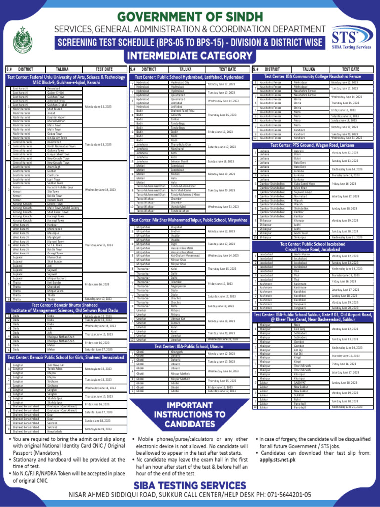 BPS-05 to BPS-15 Test Schedule | PDF | Karachi | Government Of Pakistan