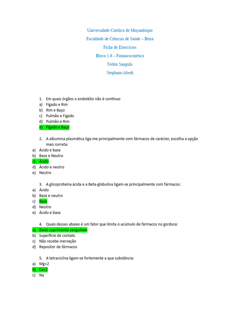 Exercícios de Farmacocinética - Nelito Sangula - UCM | PDF ...