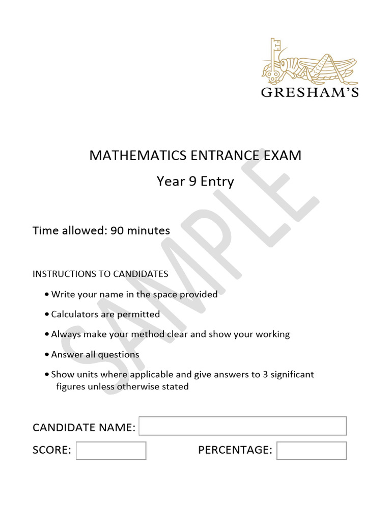 Year 9 Entrance Exam BrtishSchool | PDF | Mathematics